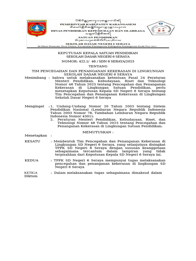 Contoh SK Pembentukan TPPK SD | PDF