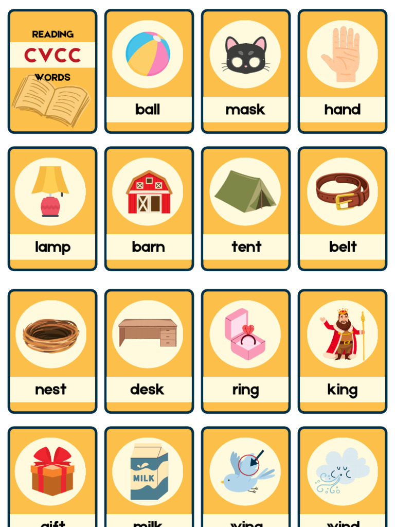 Reading CVCC Words Flashcards in Yellow Colorful Style PDF | PDF