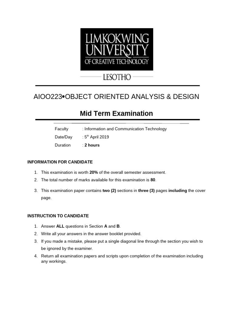 Object Oriented Analysis and Design2019 Midterm Aioo223 | PDF | Object Oriented Programming ...