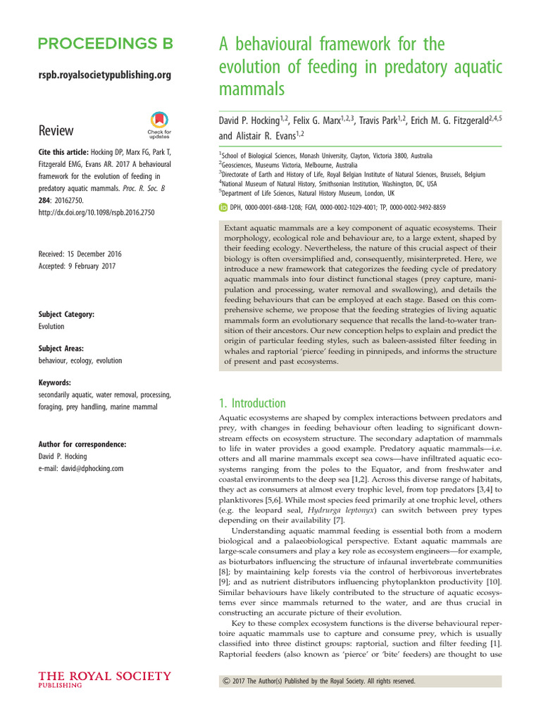 Hocking Et Al A Behavioural Framework For The Evolution of Feeding in ...
