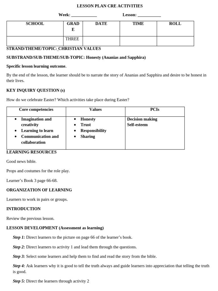 92 Christian Values Lesson Plans Grade 3 Cre Word Format | PDF ...
