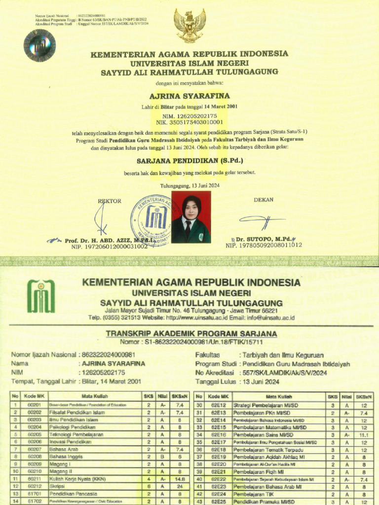 Ajrina Syarafina - Ijazah S1 Dan Transkrip Nilai | PDF