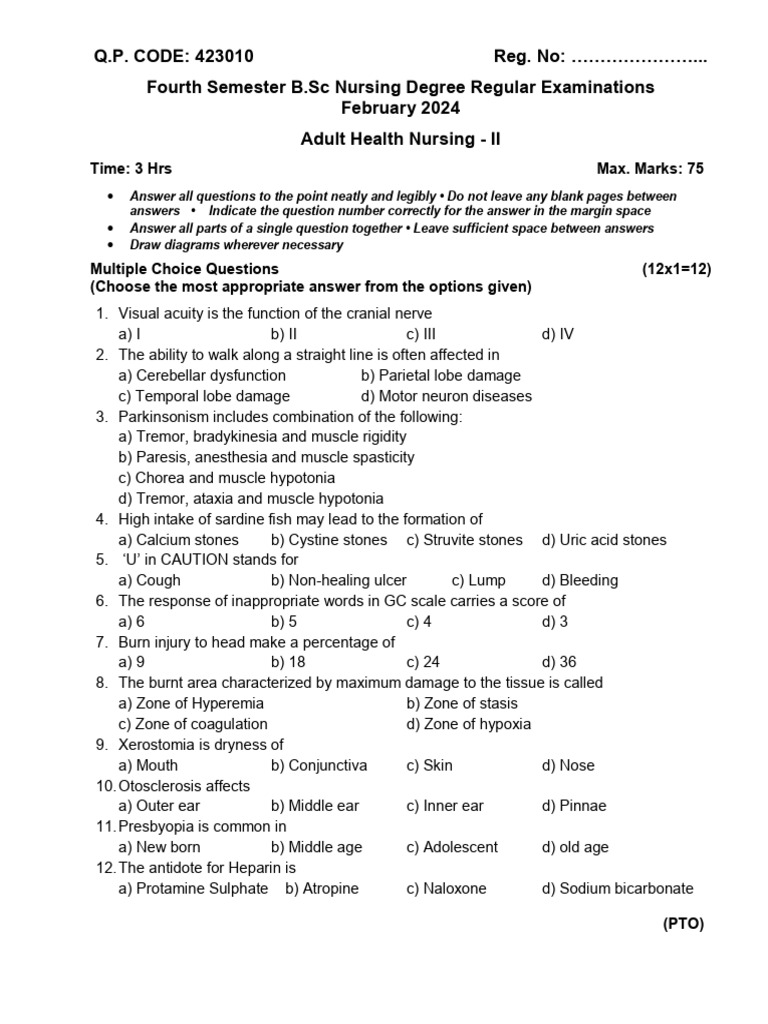 Adult Health Nursing II Exam Paper 2024 | PDF | Gynaecology | Pharmacology