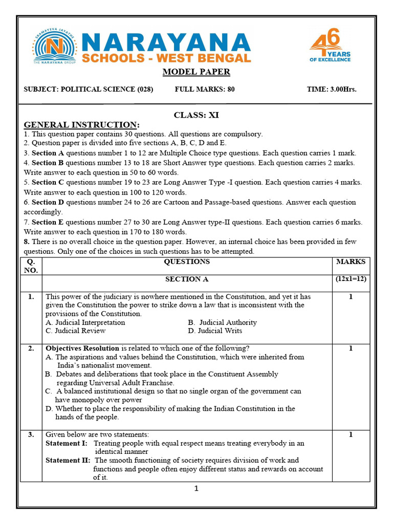 Class 11 Political Science Model Paper 2025 | PDF | Democracy ...