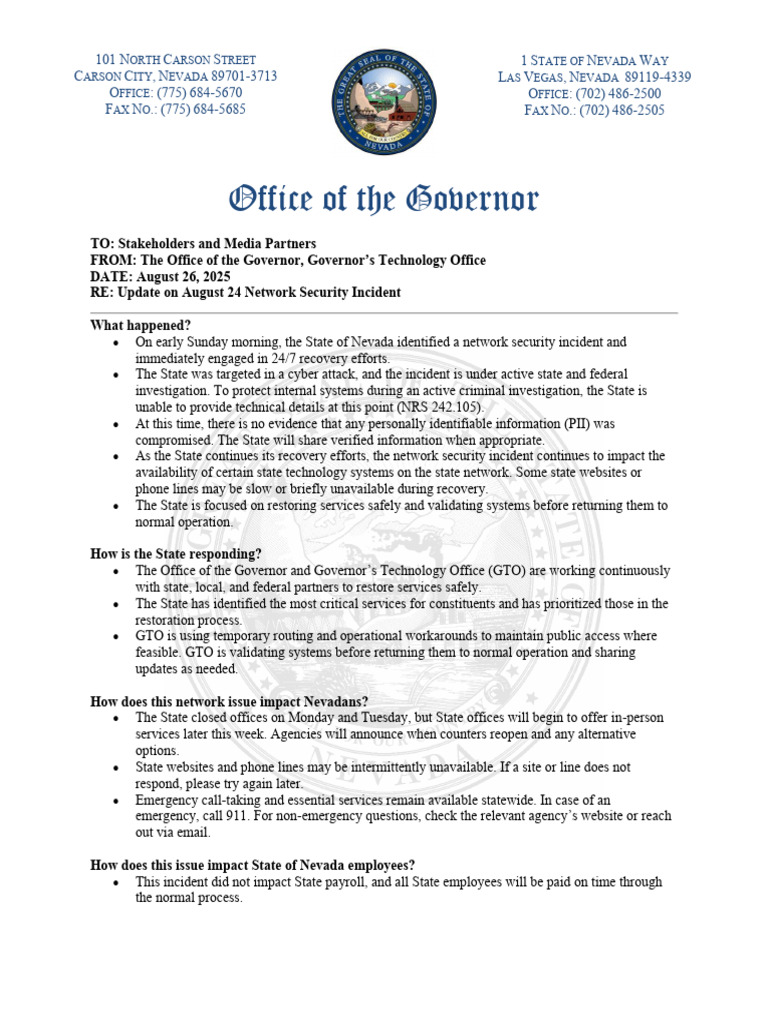 Nevada DMV Cyberattack Update | PDF | Medicaid | Department Of Motor ...