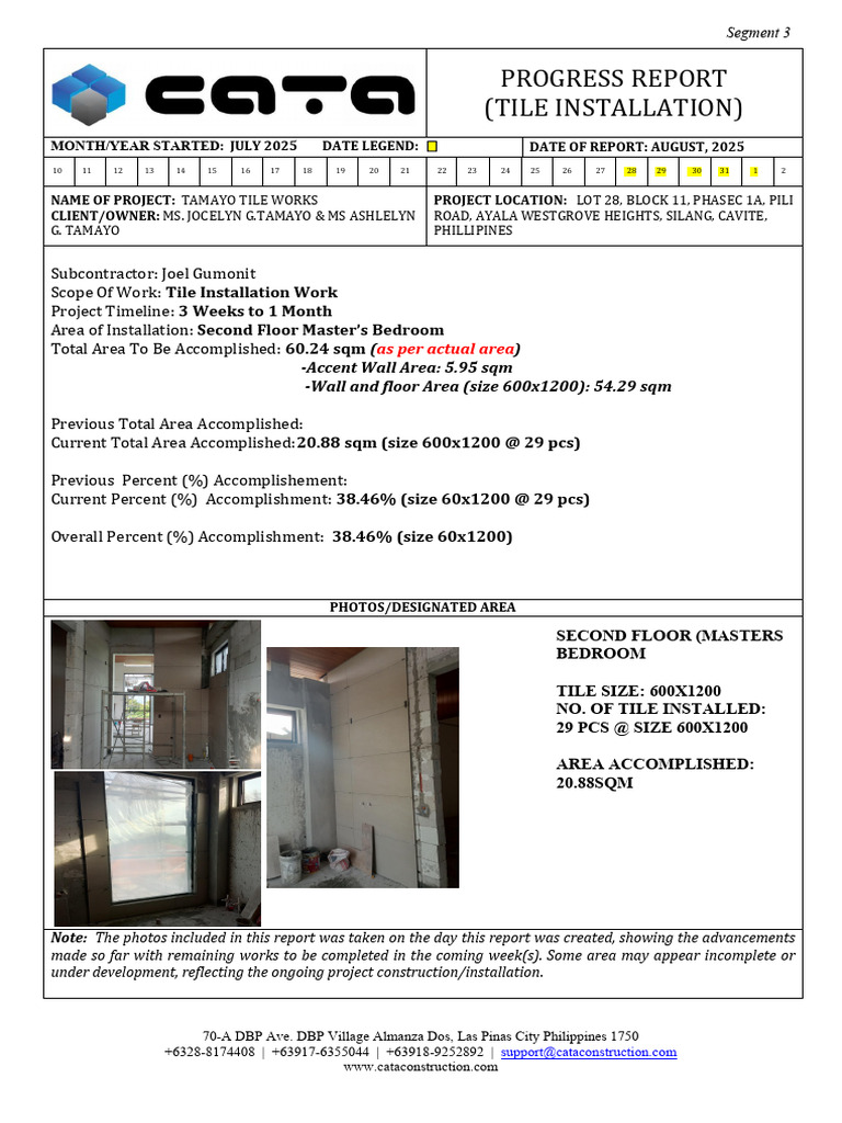 PROGRESS REPORT v1 TILE Setter INSTALLATION TAMAYO PROJECT 08022025 | PDF