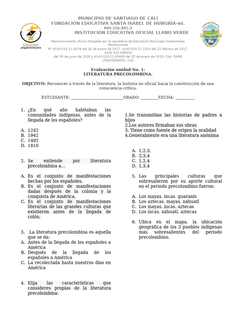 Evaluación Unidad No 1 Literatura Precolombina | PDF