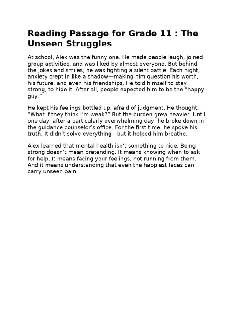 ENGLISH Reading Passage For Grade 11 and 12 | PDF | Feeling | Emotions