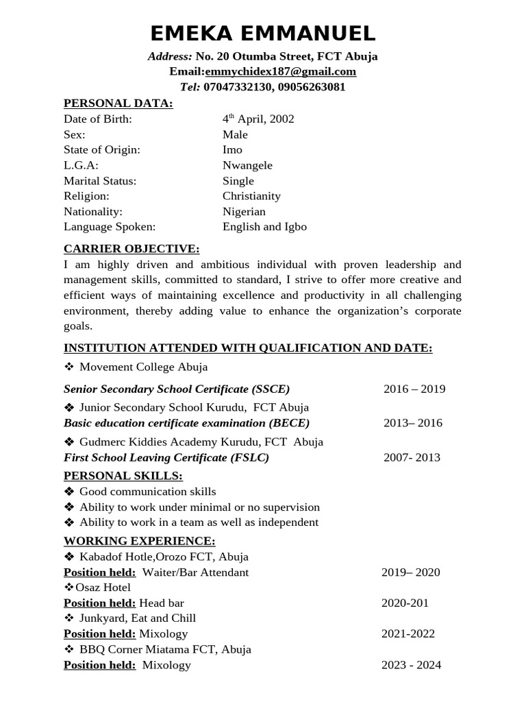 Emeka Emmanuel's CV and Career Profile | PDF