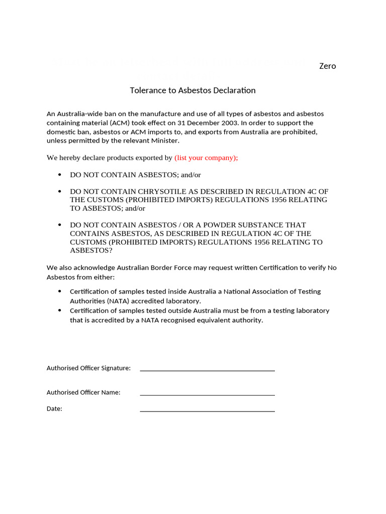 ASBESTOS - Supplier Declaration Format Form | PDF