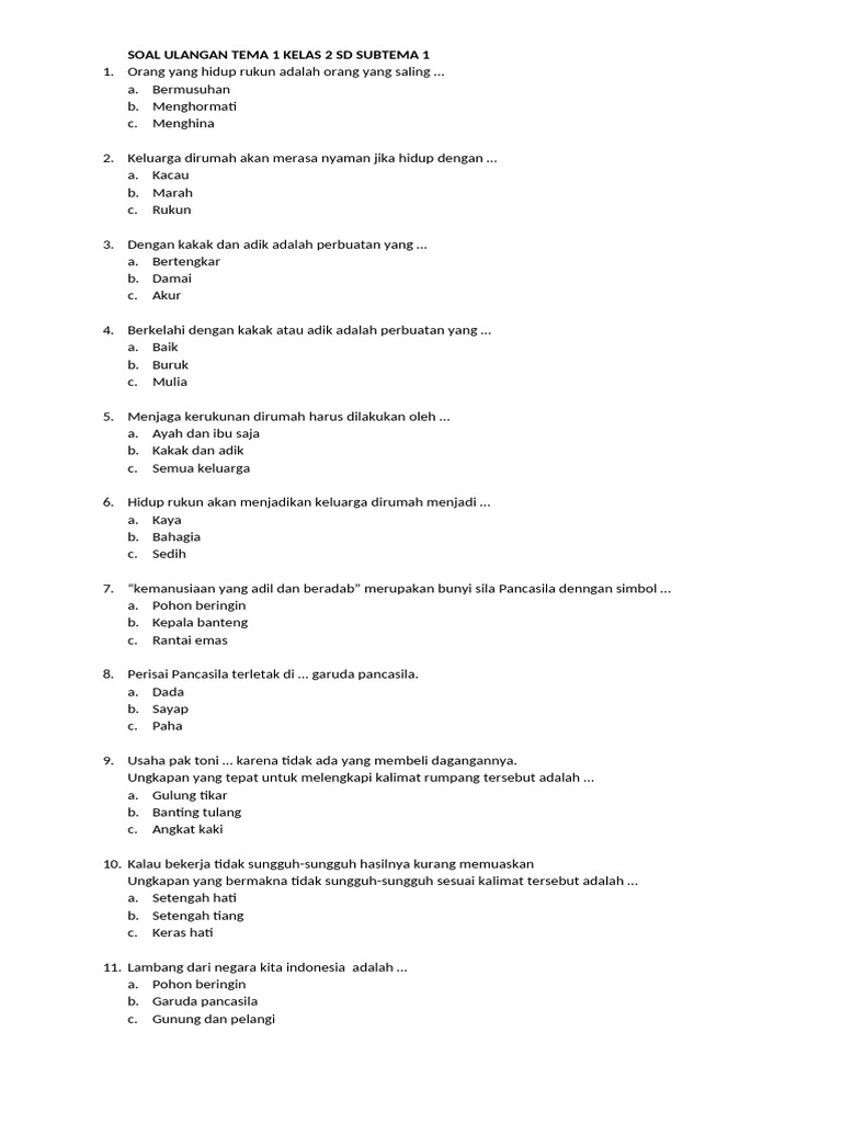 Soal Ulangan Tema 1 Kelas 2 | PDF