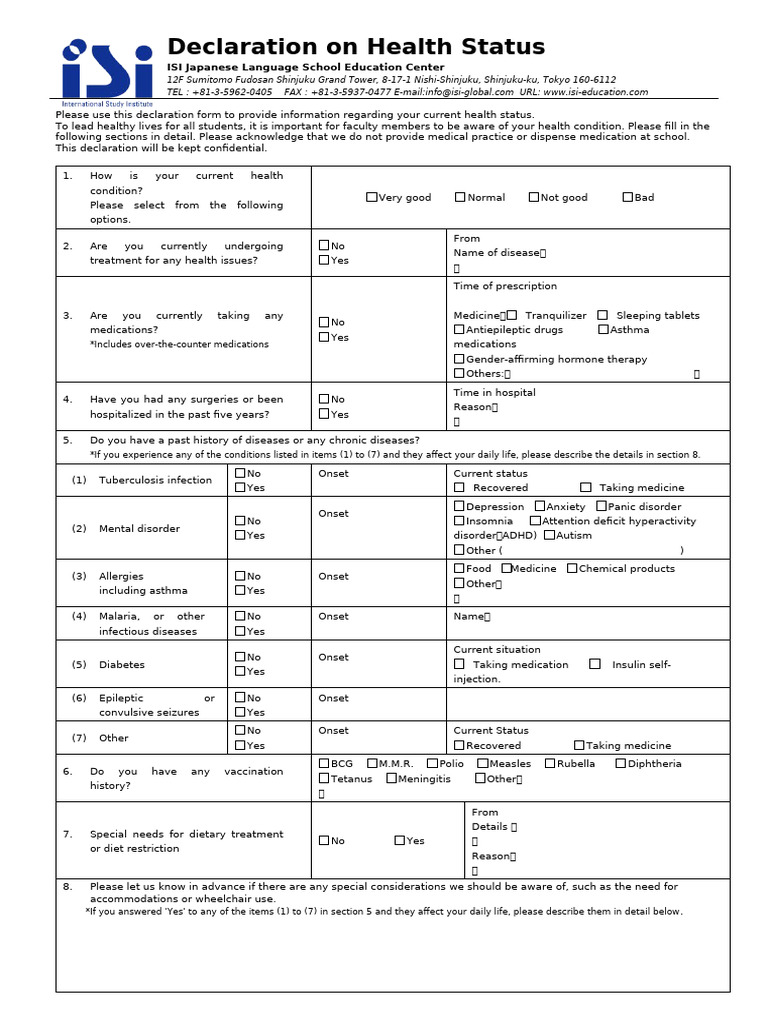 Declaration On Health Status English | PDF | Attention Deficit ...