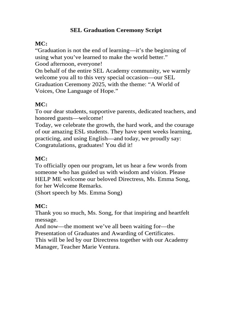 SEL Graduation Ceremony 2025 Script | PDF