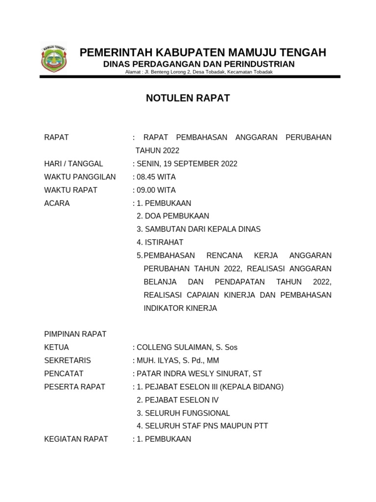 Notulen Rapat Anggaran Perubahan 2022 | PDF