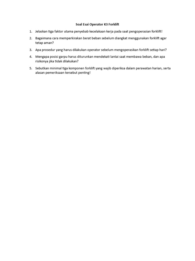 Soal Esai Operator K3 Forklift | PDF