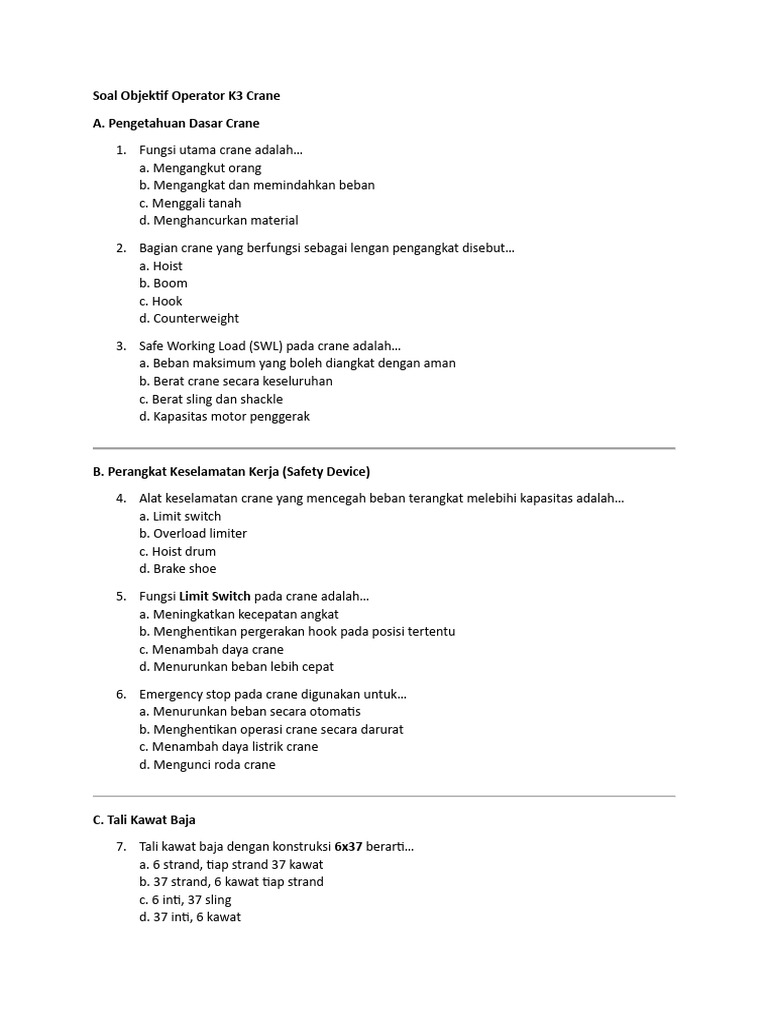 Soal Objektif Operator K3 Crane | PDF