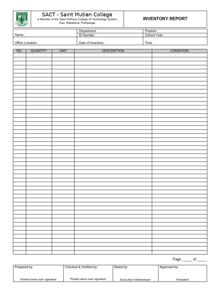 Saint Mutien College Inventory Report | PDF