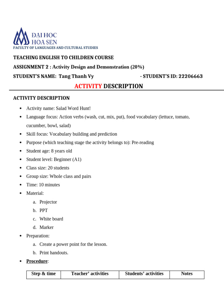 Assignment 2 - Activity Design Demonstration - Thanh Vy | PDF | Salad ...