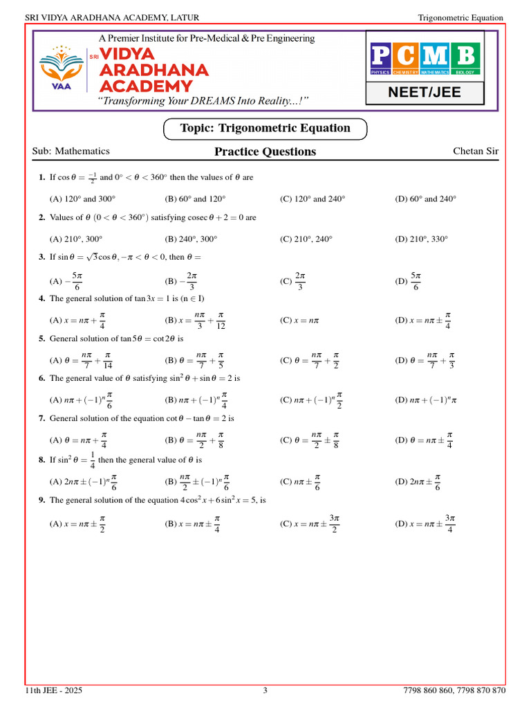 Trigonometric Equations Practice | PDF | Trigonometry | Mathematics