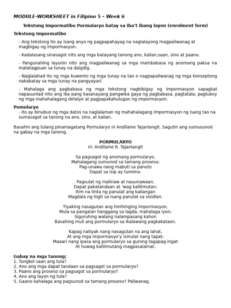 Module Worksheet W6 | PDF | Science | Information