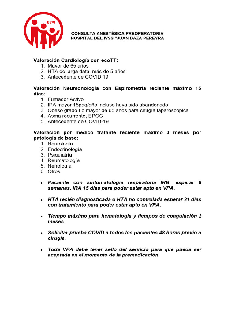 Criterios para Valoración Anestésica VPA | PDF | Hipertensión ...