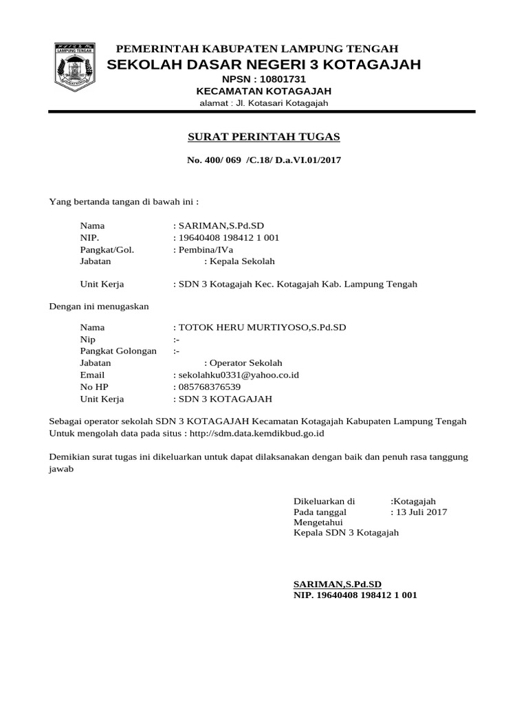 Surat Tugas Operator Sekolah SDN 3 | PDF