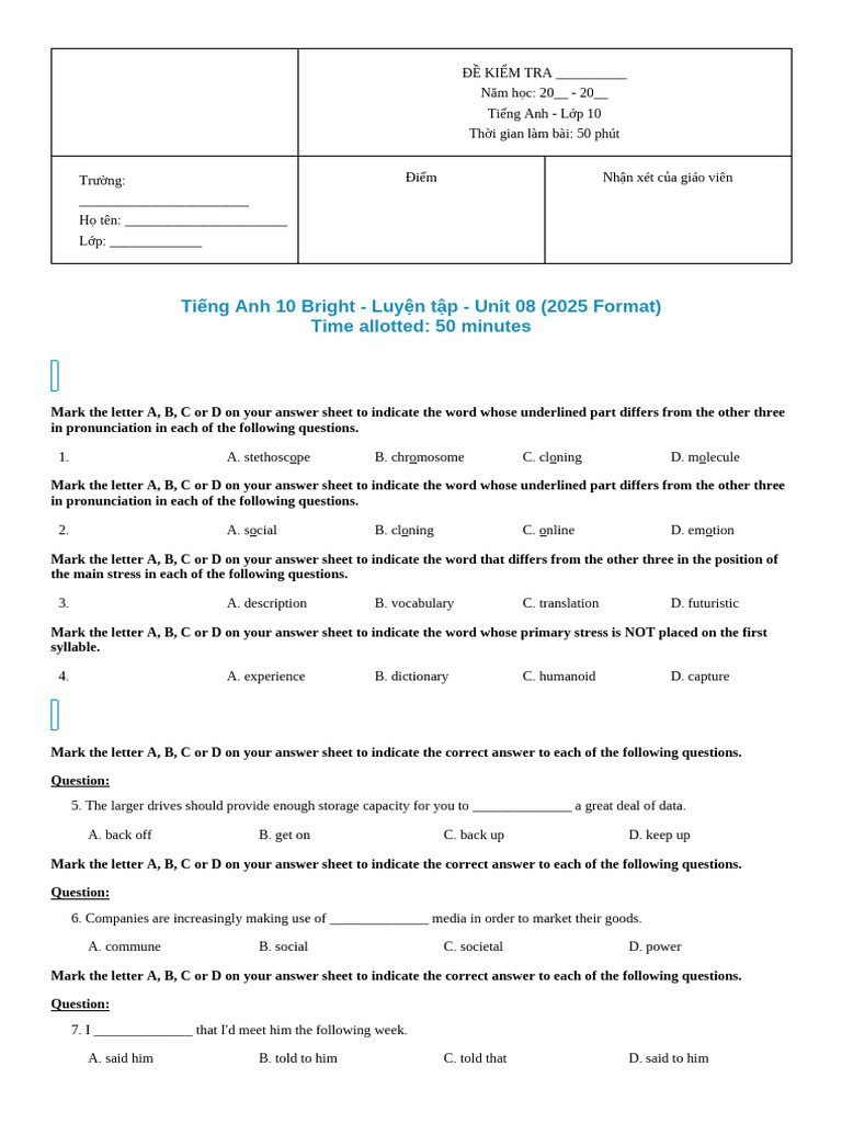 English 10 Test: Unit 08 Practice | PDF | Invention | Cloning