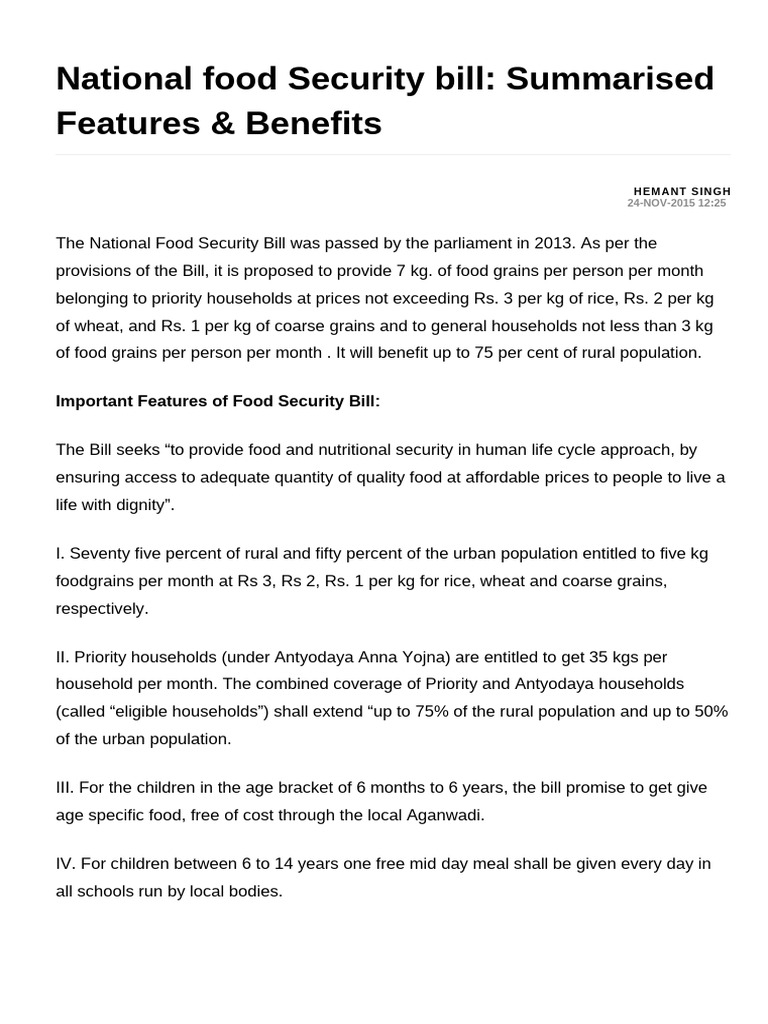 National Food Security Bill Summary | PDF | Social Policy | Malnutrition