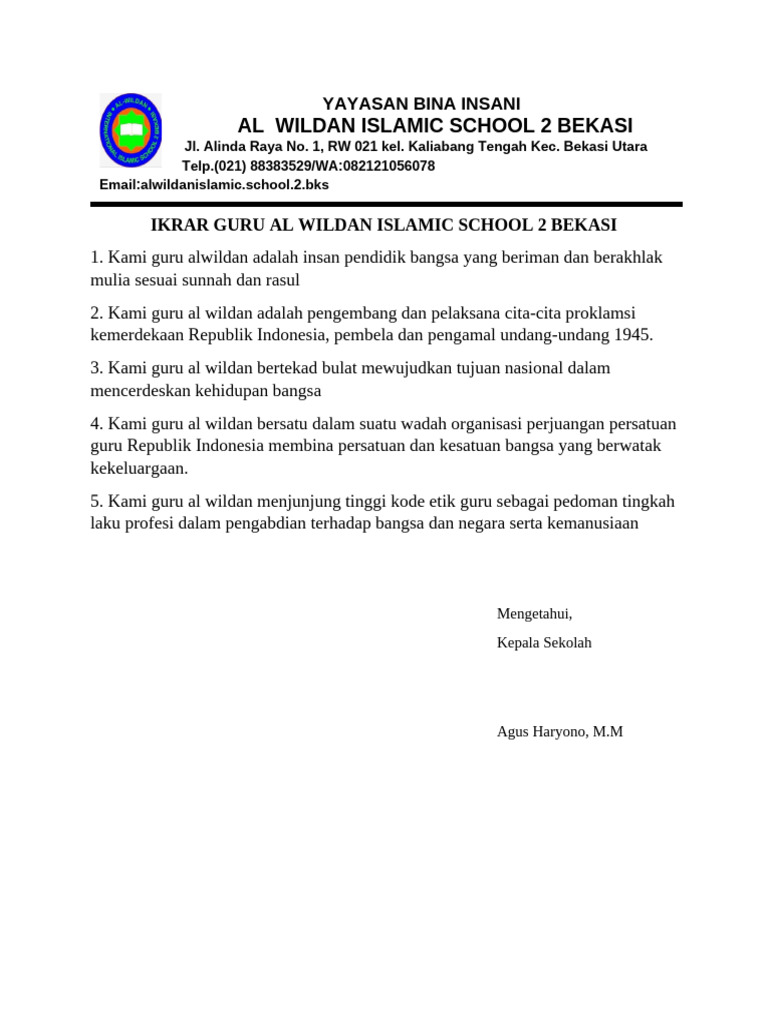 Ikrar Guru Al Wildan Islamic School 2 | PDF