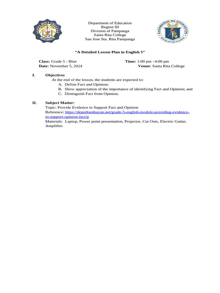 Lesson Plan: Fact vs. Opinion | PDF | Learning