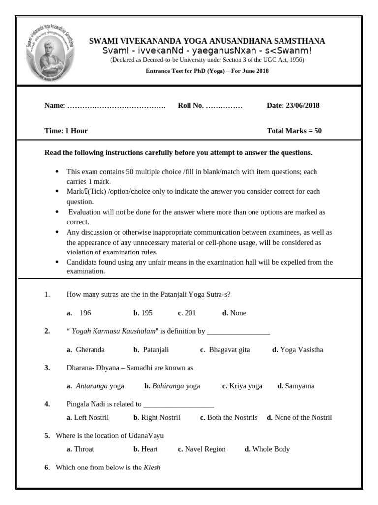 Sample Entrance Test Question Paper | PDF | Yoga | Āstika