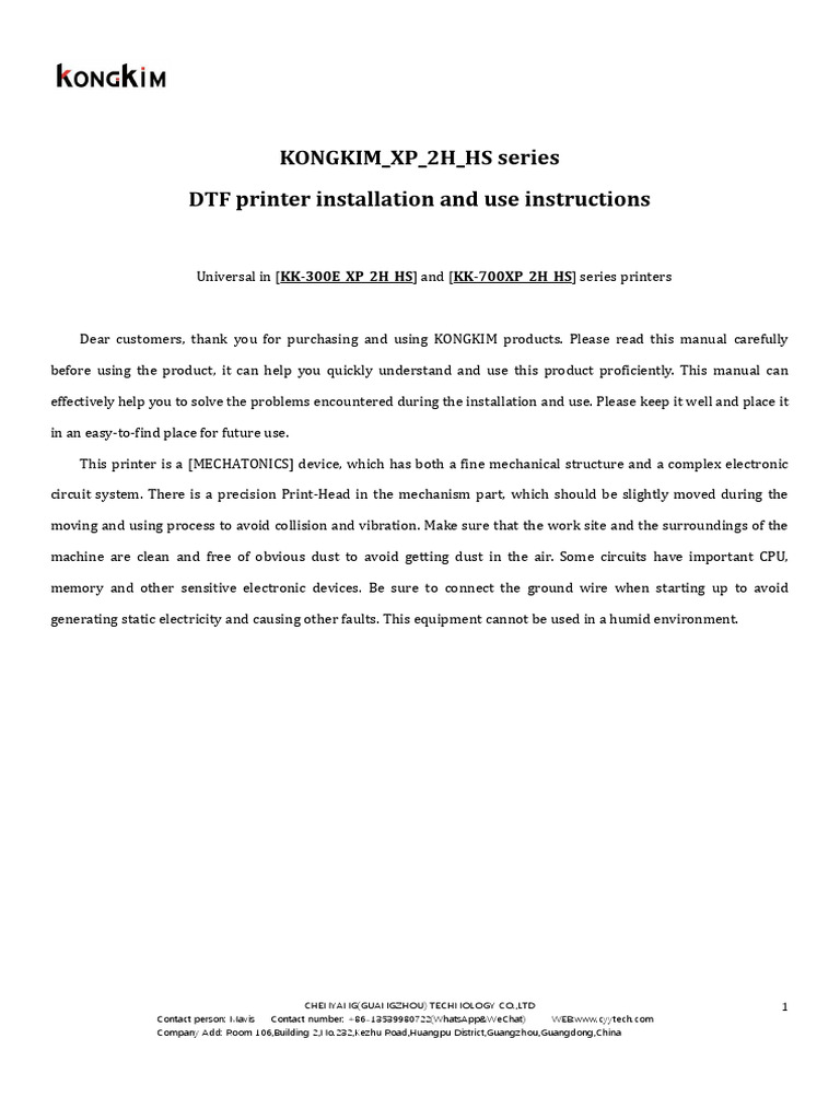 1 - KONGKIM - XP - 2H - HS Series DTF Printer Installation and Use Instructions | PDF | Printer ...