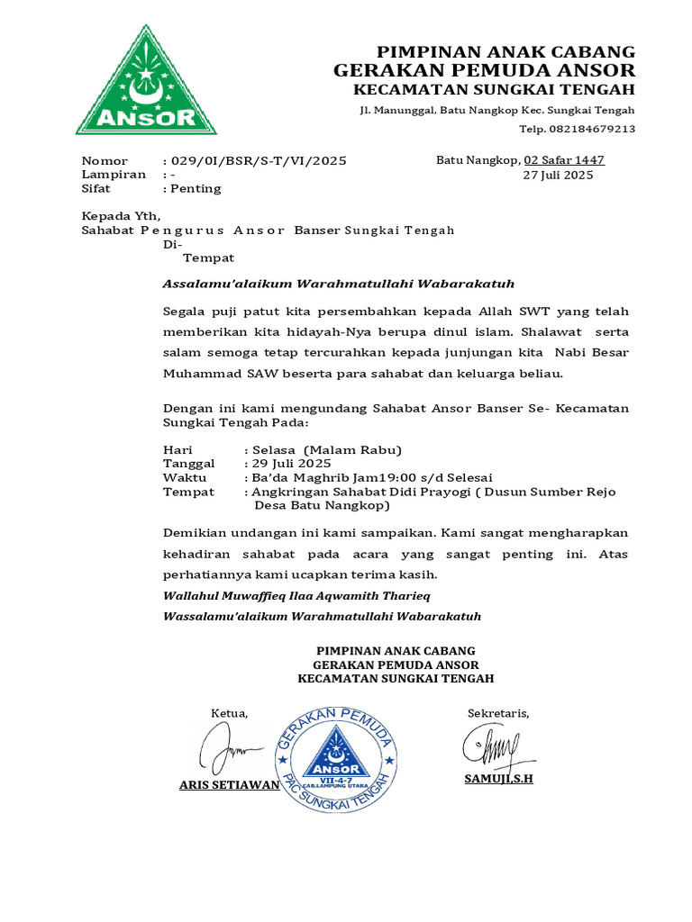 Undangan Acara Ansor Banser Sungkai Tengah | PDF