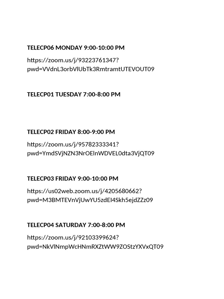 Weekly Zoom Class Schedule | PDF