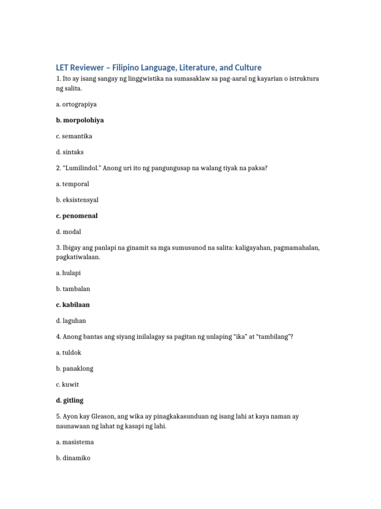 LET Filipino Reviewer Formatted | PDF