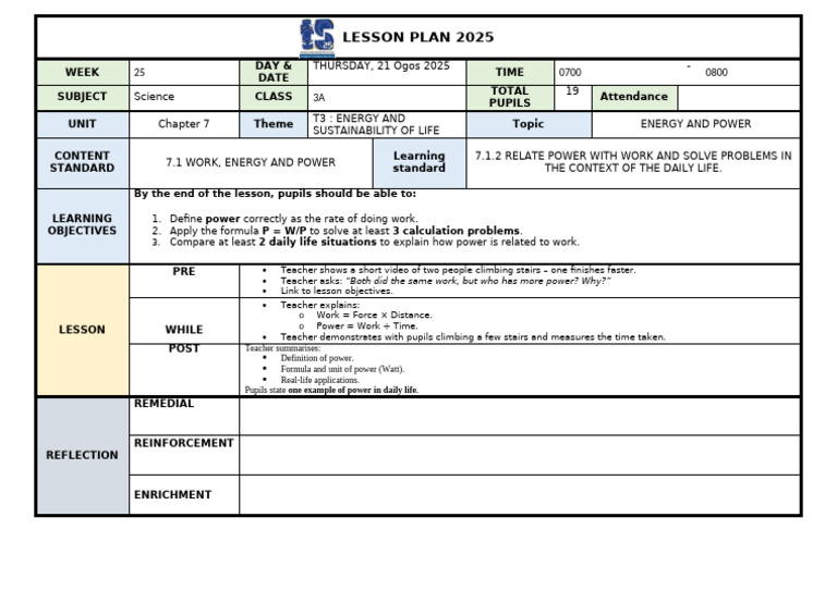 Science Lesson Plan: Energy & Power | PDF | Teachers | Learning