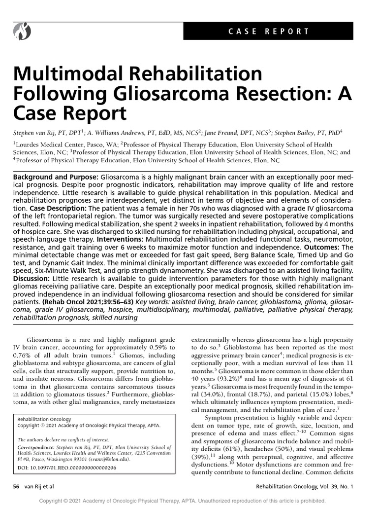 Multimodal Rehab Post-Gliosarcoma Resection | PDF | Physical Therapy ...