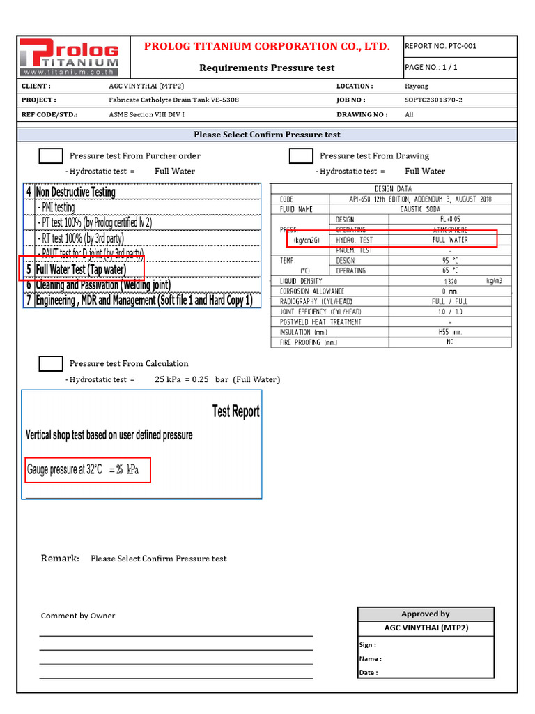 Requirements Pressure Test - Fabricate Catholyte Drain Tank VE-5308 | PDF
