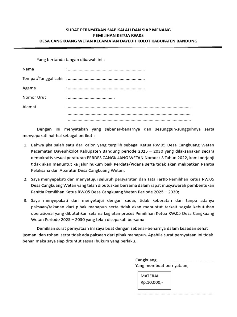 Surat Pernyataan Siap Kalah Dan Siap Menang | PDF