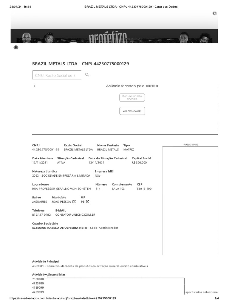 Brazil Metals Ltda - CNPJ 44230775000129 - Casa Dos Dados | PDF