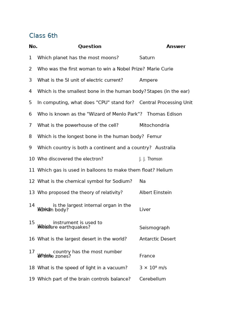 6th Grade Science Quiz Questions | PDF | Earth | Nature