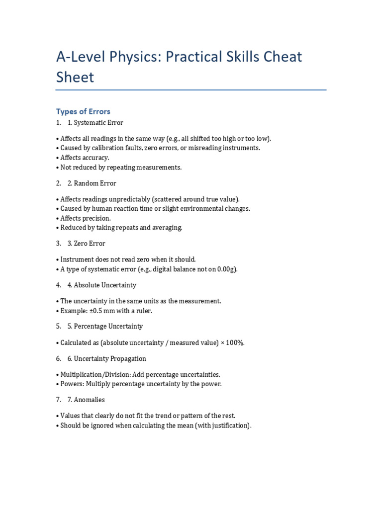 A-Level Physics Practical Cheat Sheet | PDF