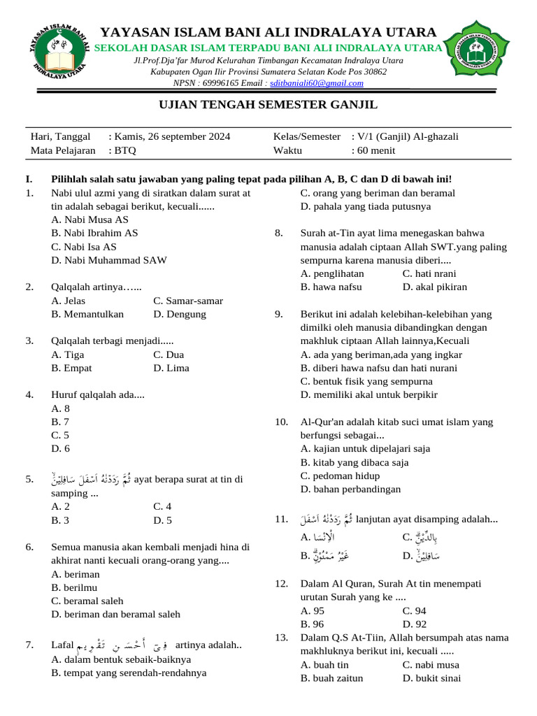 Soal BTQ Kls 5 Semester 1 2024 | PDF