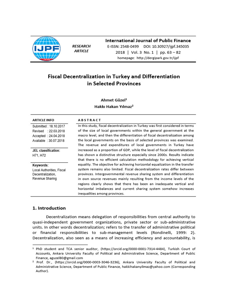 Fiscal Decentralization in Turkey's Provinces | PDF | Government ...