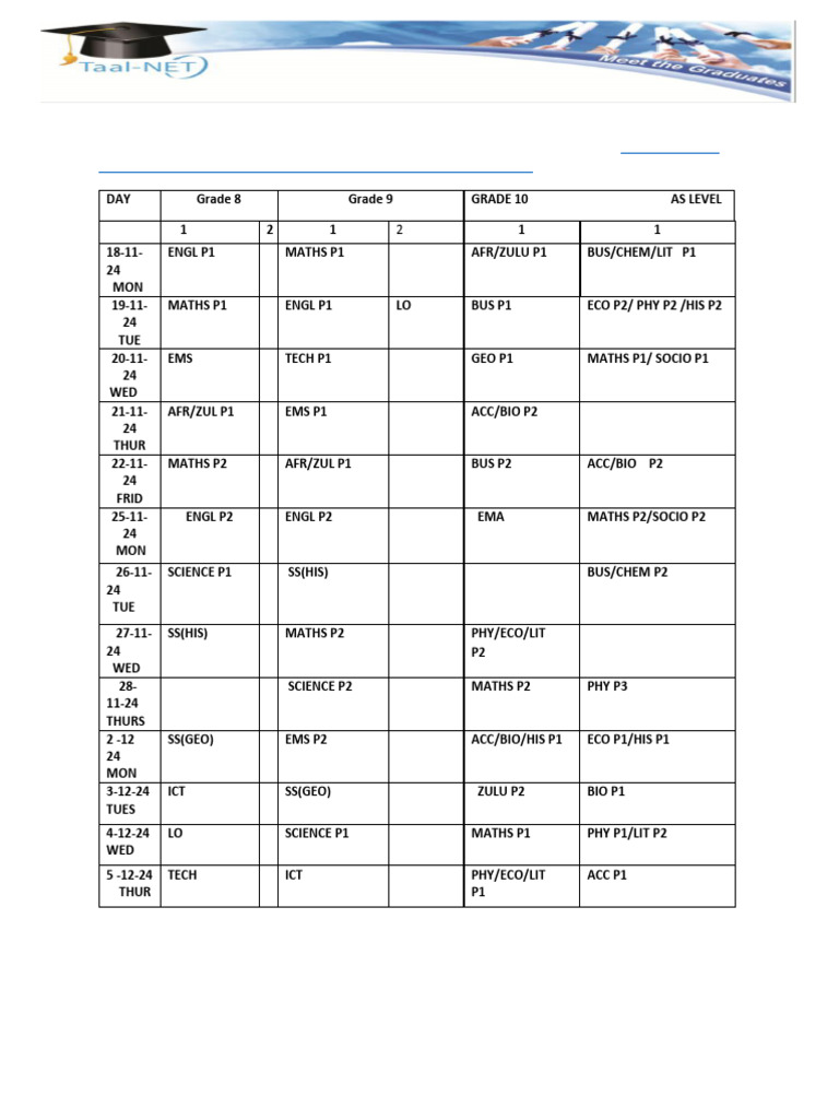 1 Nov Exam Timetable 2024 Gr8-A Level New | PDF
