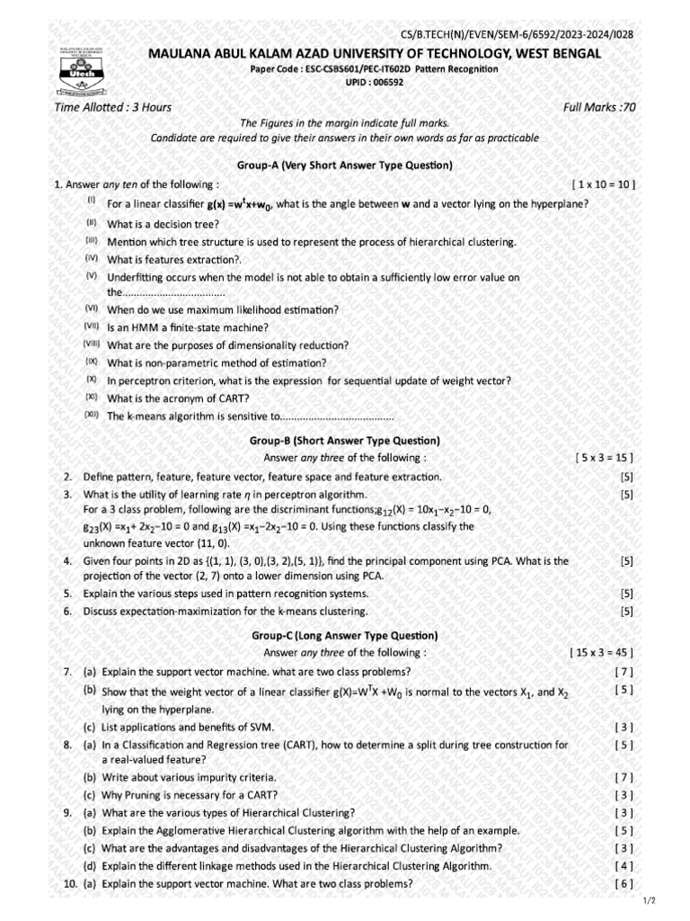 Pattern Recognition MAKAUT Question | PDF