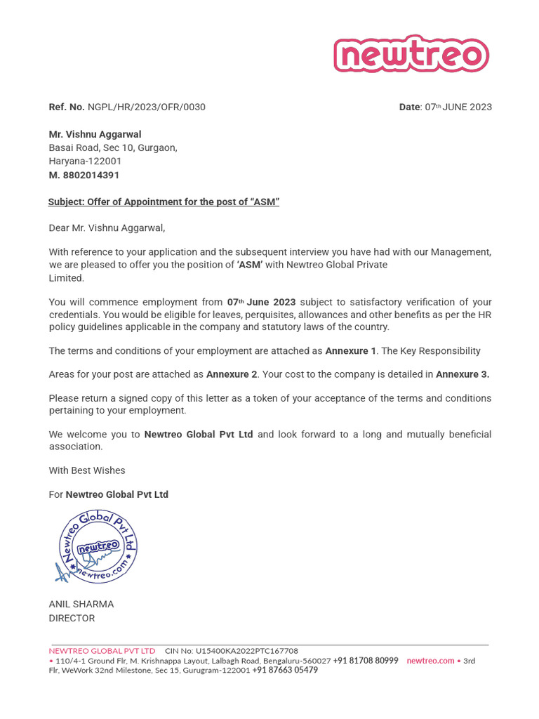 2023-06-07 Offer Letter - Vishnu Aggrwal | PDF | Confidentiality ...