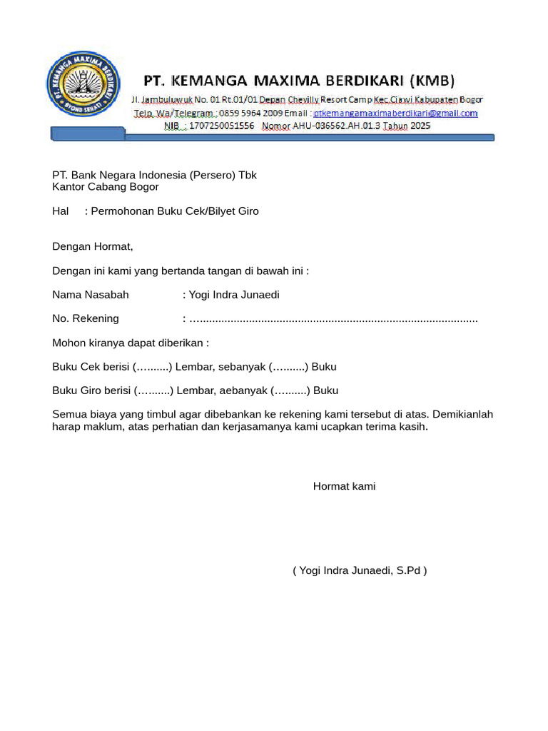 Surat Permintaan Buku Cek BG PT Yci PT | PDF