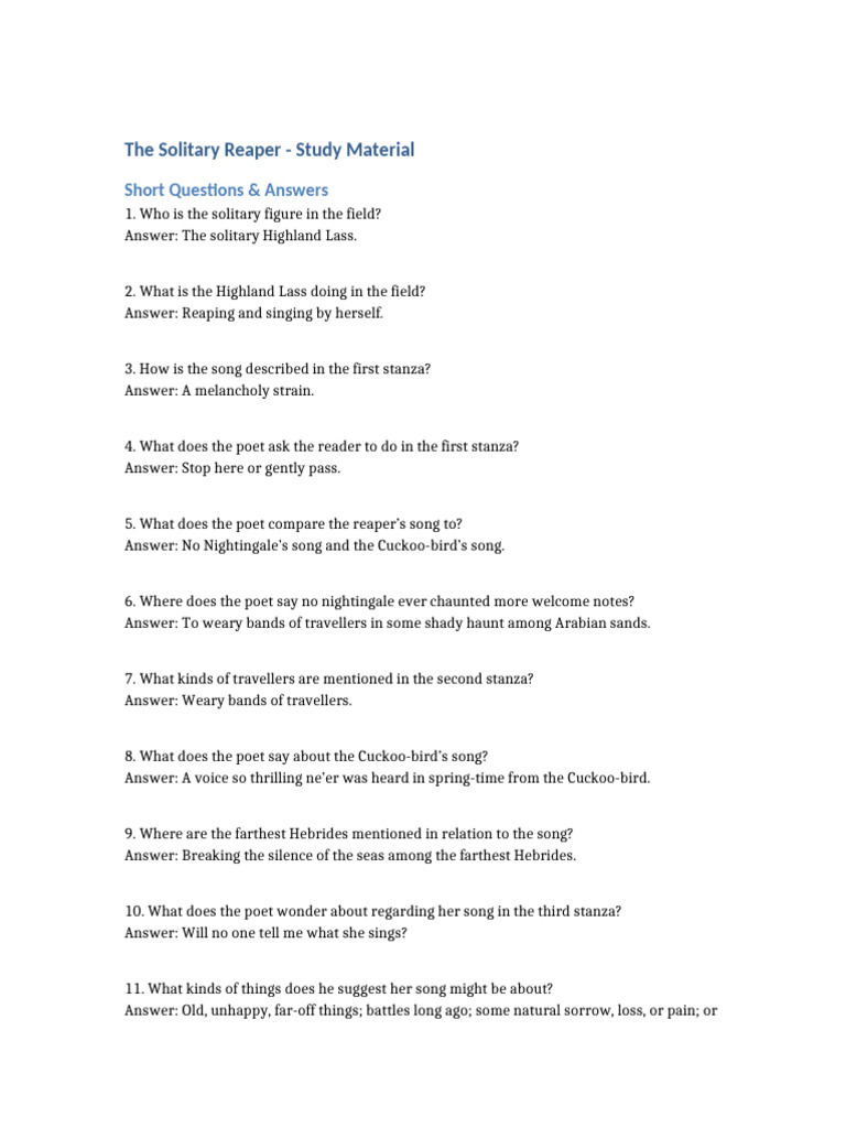 The Solitary Reaper by William Wordsworth | PDF | Poetry