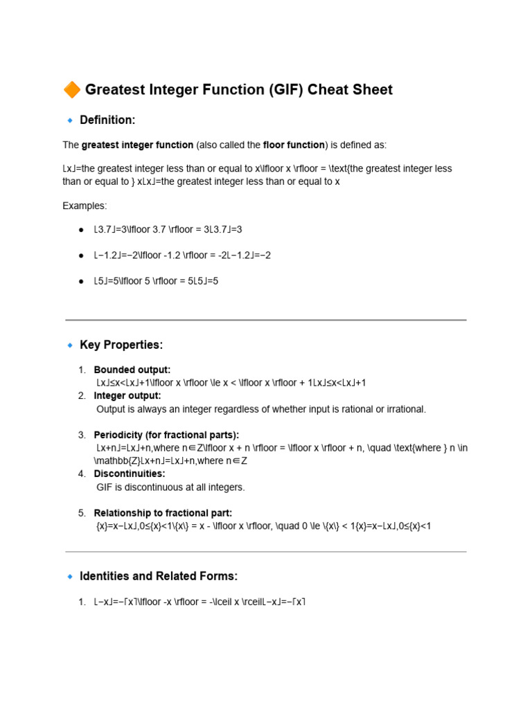 ? Greatest Integer Function (GIF) Cheat Sheet | PDF | Function ...